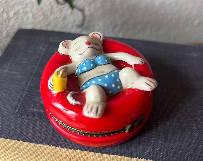 Sunbathing Mouse in Polka Dot Bikini on Pool Floatie Ceramic Trinket ...