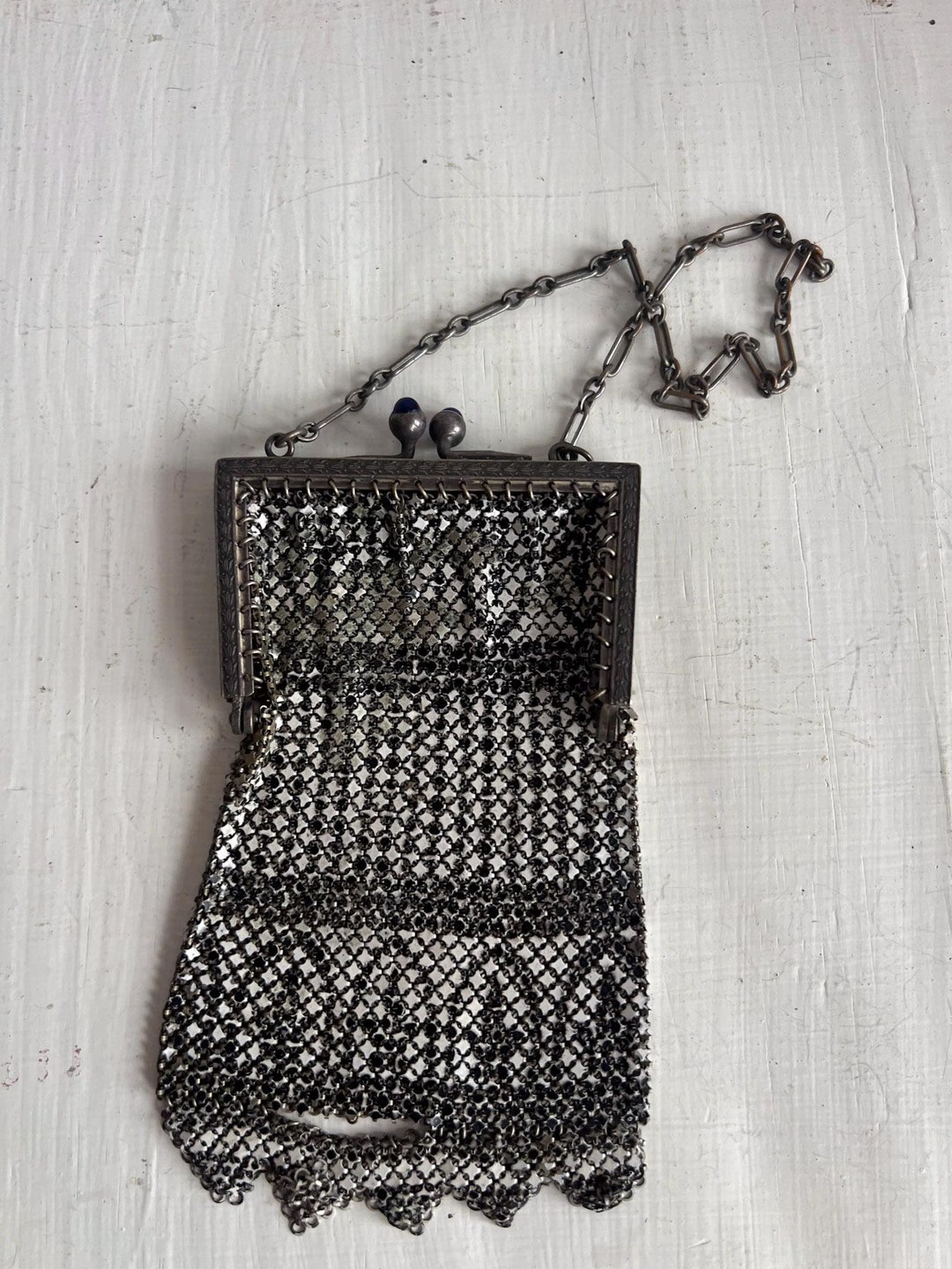 Antique 1920's Metal Mesh Coin Purse, Gorgeous Tile Look, Blue Glass ...