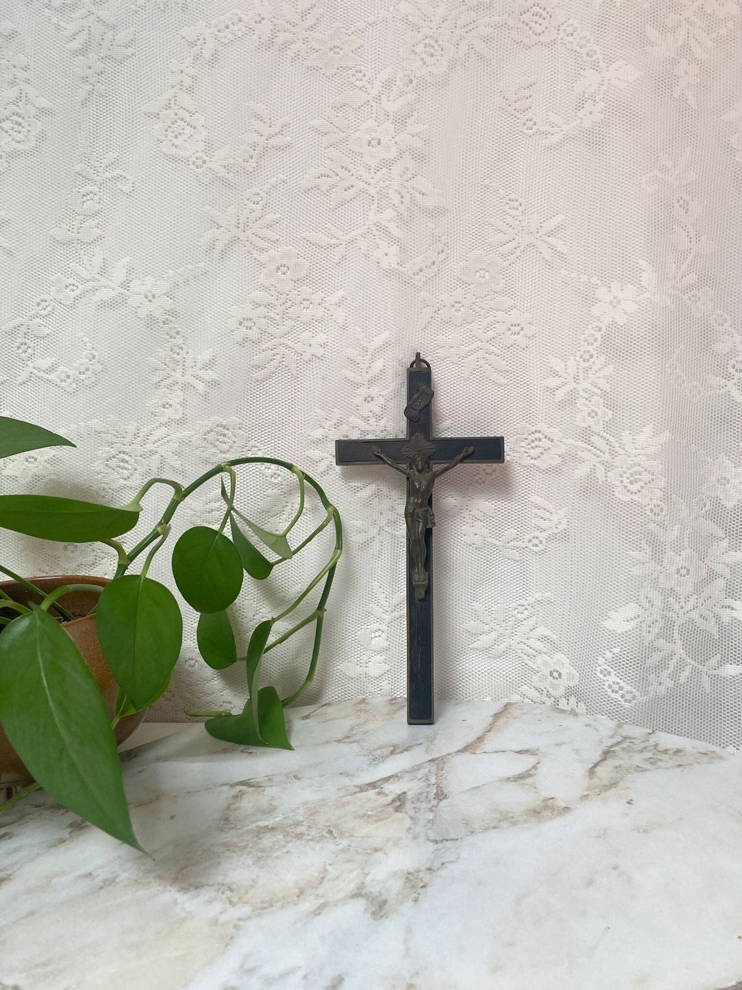 1920's Antique Wood and Bronze Brass Large Jesus on the Cross Crucifix ...