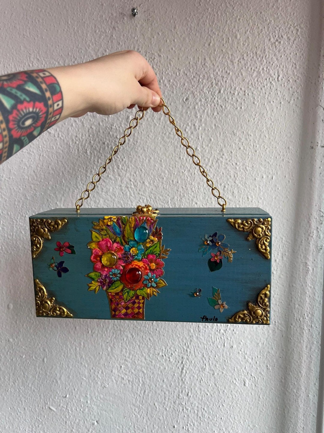 Vintage 1960's Floral Decoupage Wooden Box Purse by Paula, Rectangle ...