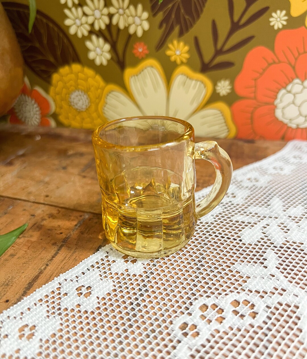 Vintage Mini Beer Stein Mug Shot Glass With Handle, Amber Gold Yellow ...