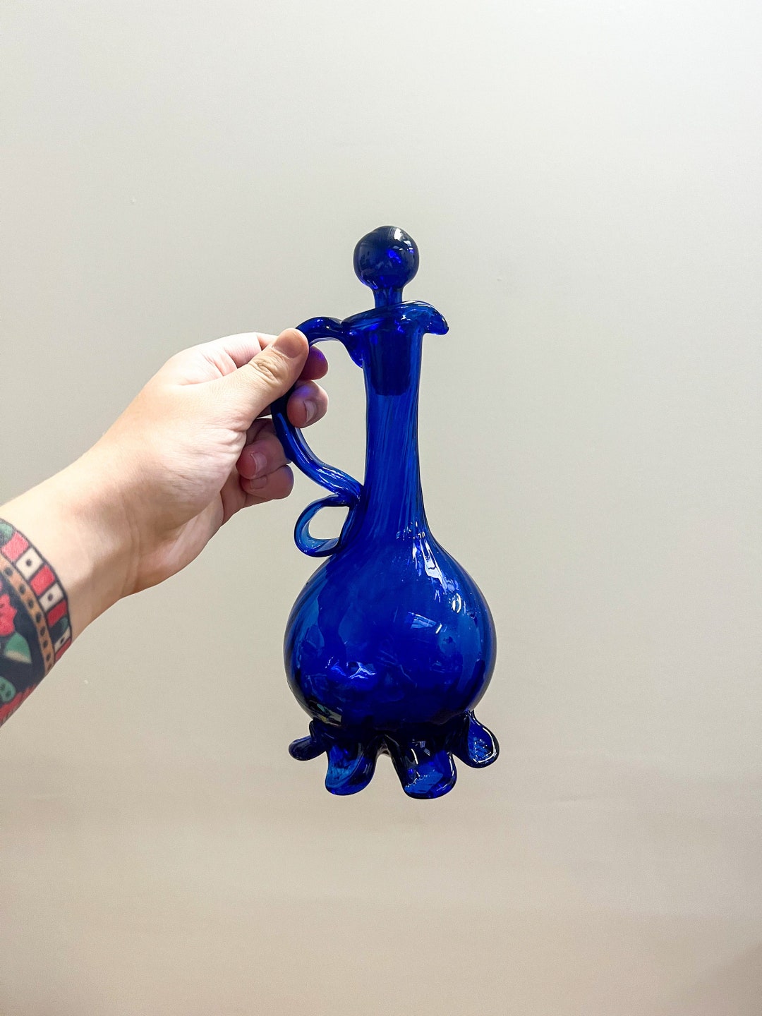 Handmade Vintage Cobalt Blue Decanter With Stopper and Handle, Antique ...
