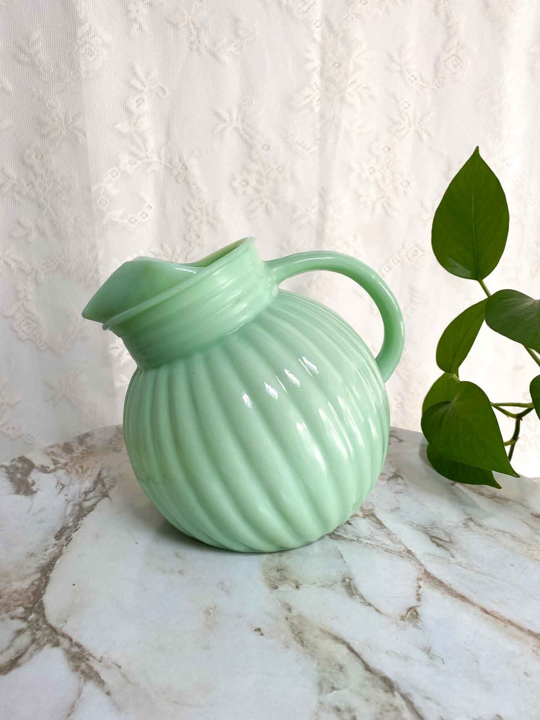 Vintage Circa 1990's Jadeite Green Milk Glass Ribbed Melon Ball Pitcher ...