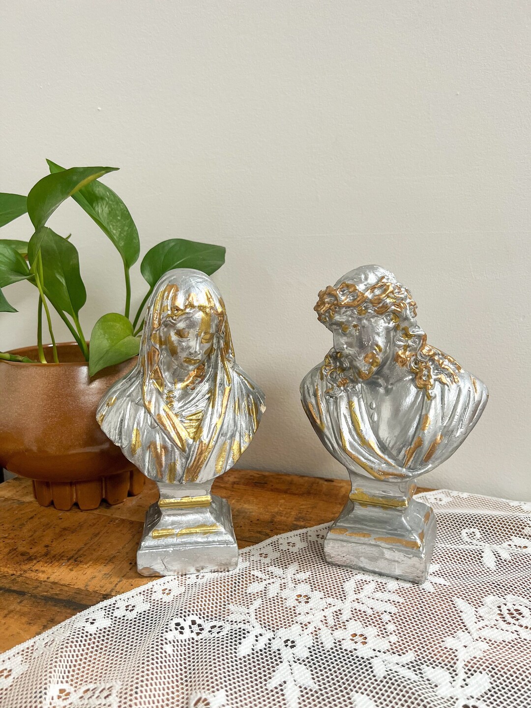 Jesus and Mary Ceramic Bust Figurines, Vintage Religious Decor, Silver ...