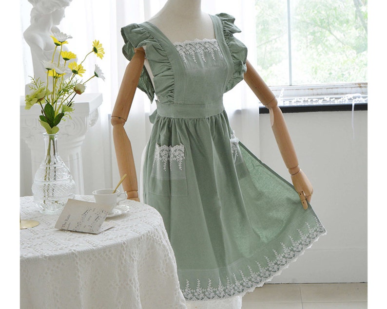 Handmade Lace Ladies Apron, Frill Shoulder Strap Apron, Kitchen Cooking ...