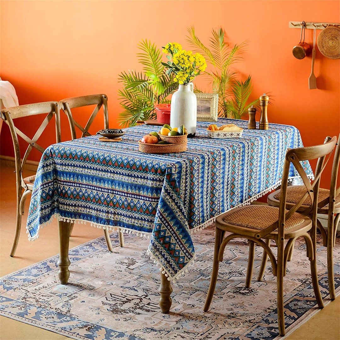 Bohemian Blue Tablecloths Cotton Linen Table Cover With Pom Poms ...
