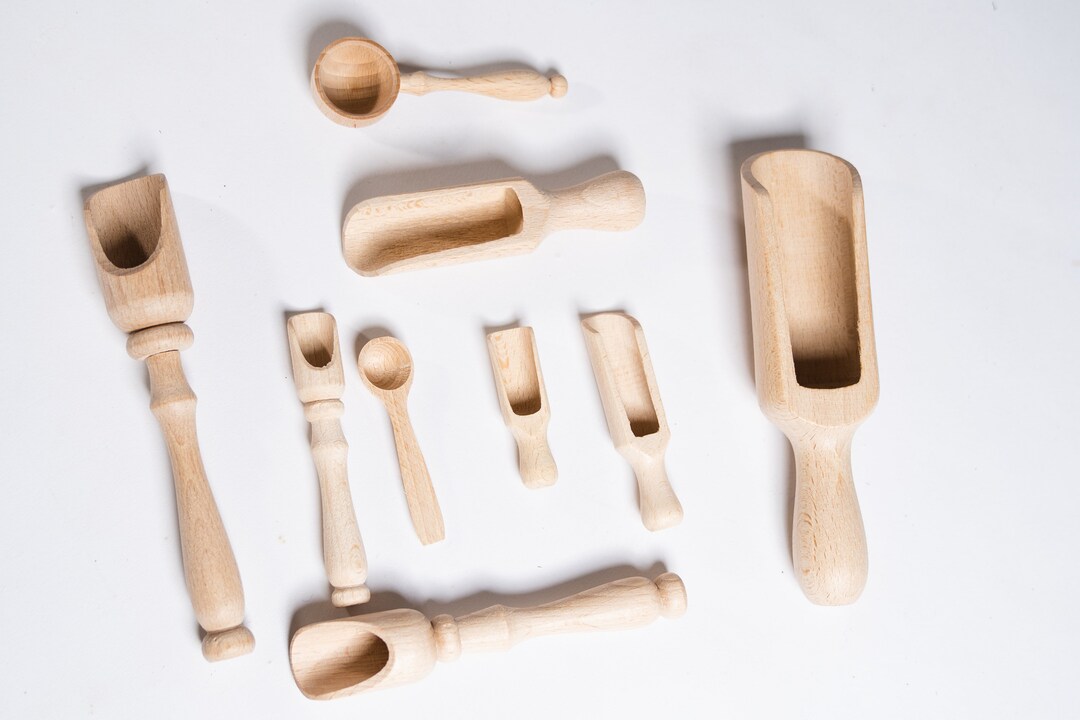 Set of 9 Wooden Scoops and Spices Shovels. Kids Sensory Play. Kitchen ...