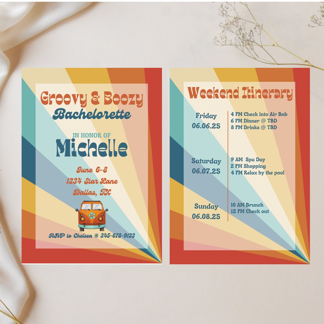 Groovy & Boozy Bachelorette Invitation Itinerary Hippie Bach Party ...