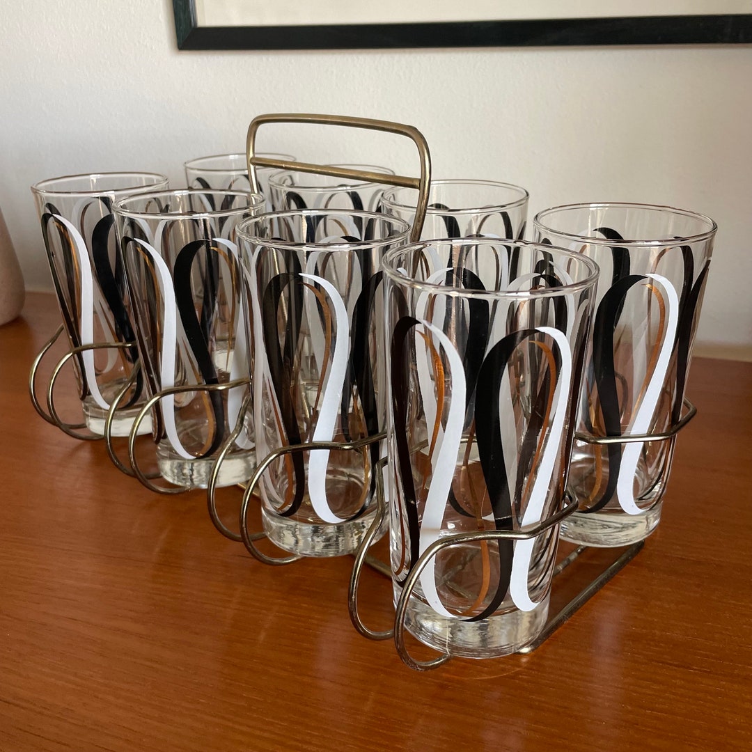 Mid-century 9 Piece Highball Cocktail Glasses and Rack Set. Libbey Co ...