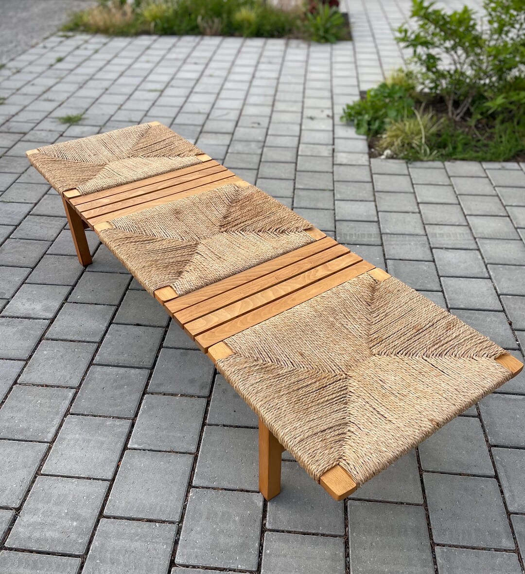 Mid Century Japanese 3 Seater Bench, Slatted Wood and Woven Jute. C1960 ...