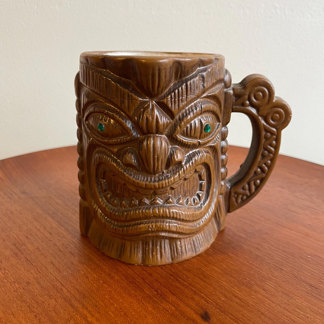 1960’s Vintage Tiki Mug, Ceramic Faux Wood Grain and Green Jewel Eyes ...
