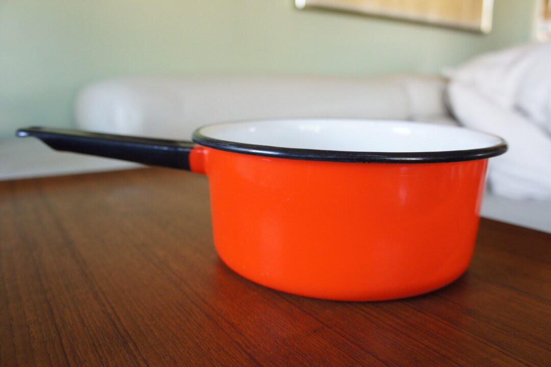 Mid Century ORANGE and WHITE Enamelware Pot With Black Rim- Sauce Pot ...