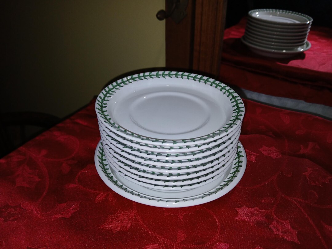 Green Laurel Dessert Plates Set of 9 White Porcelain Botanical Border 6 ...