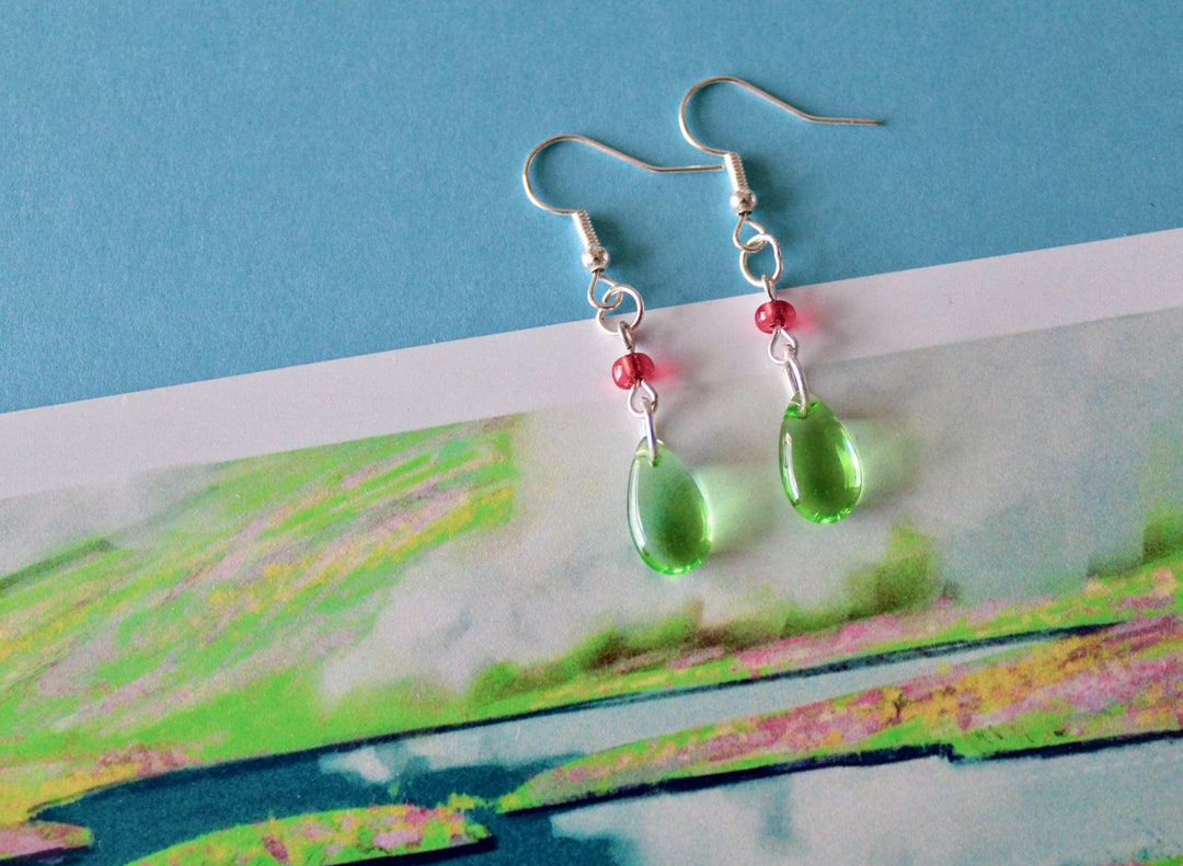 Howl's Moving Castle Earrings, Green Glass, Sterling Silver, Anime ...
