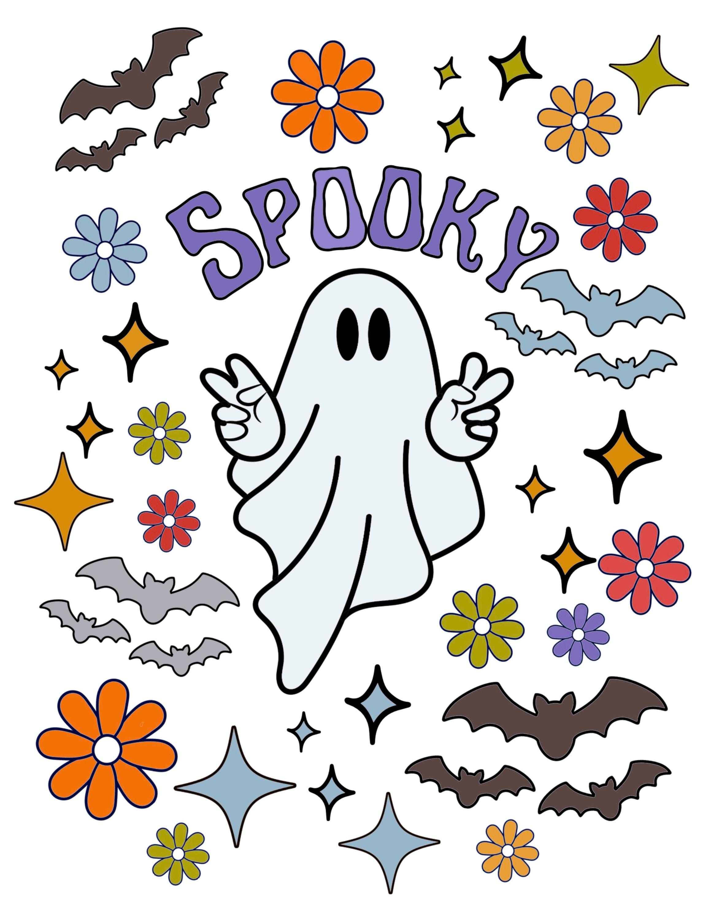Groovy Ghost Halloween Coloring Page: Spooky Floral Design (PDF) - Etsy