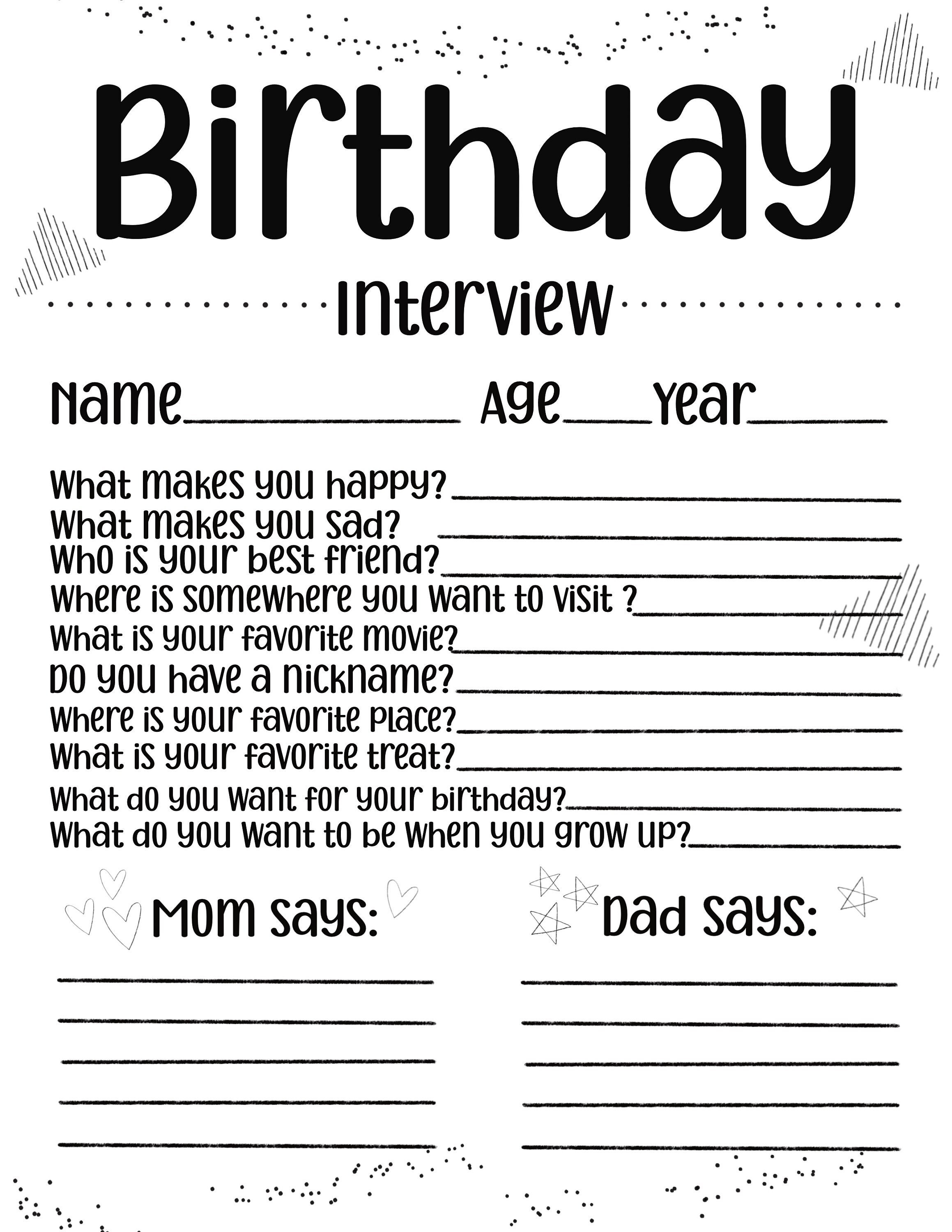 Kids Birthday Interview Sheet: Printable Keepsake (digital Download) - Etsy