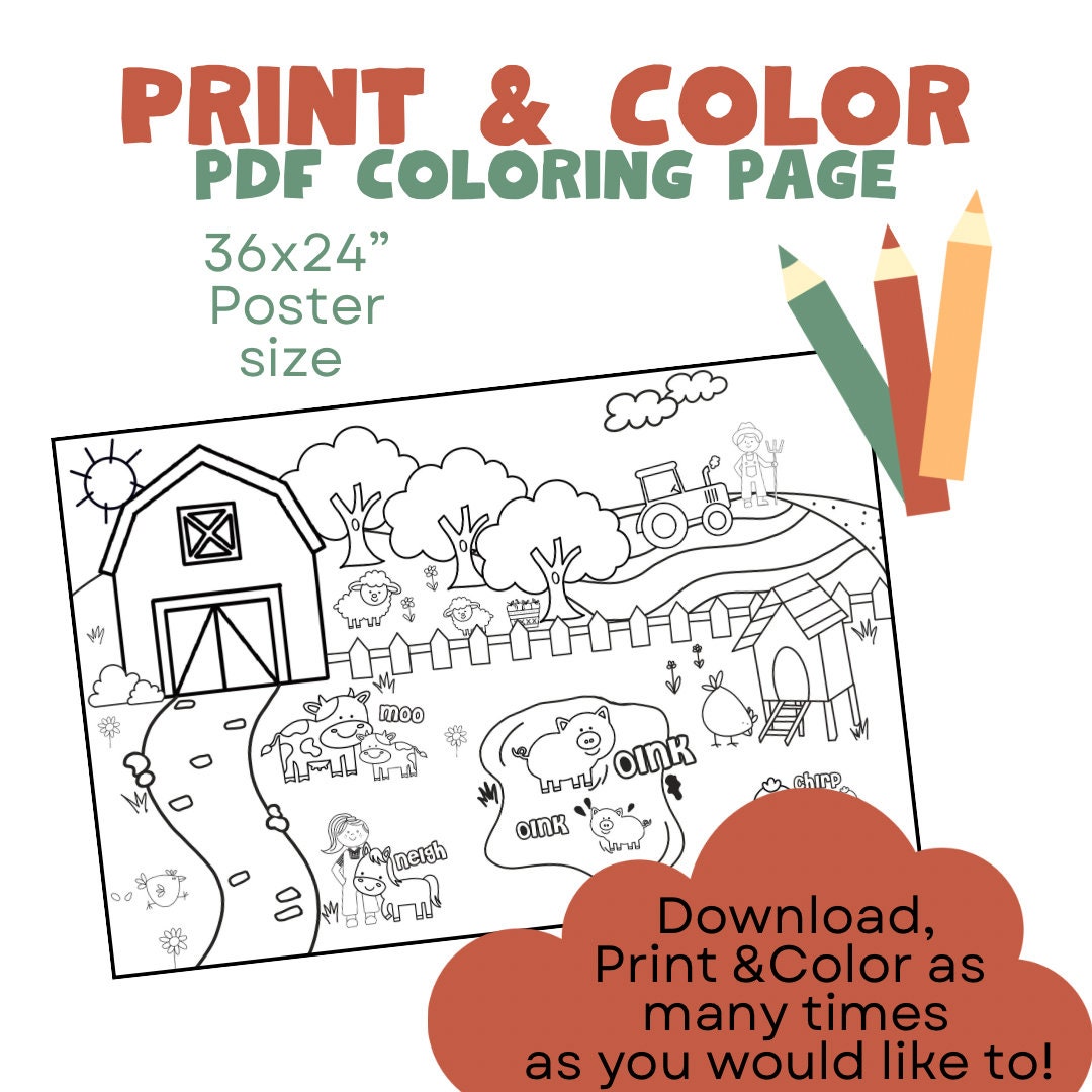 Farm Coloring Poster, Kids Coloring Poster, Kids Crafts, Birthday Party ...
