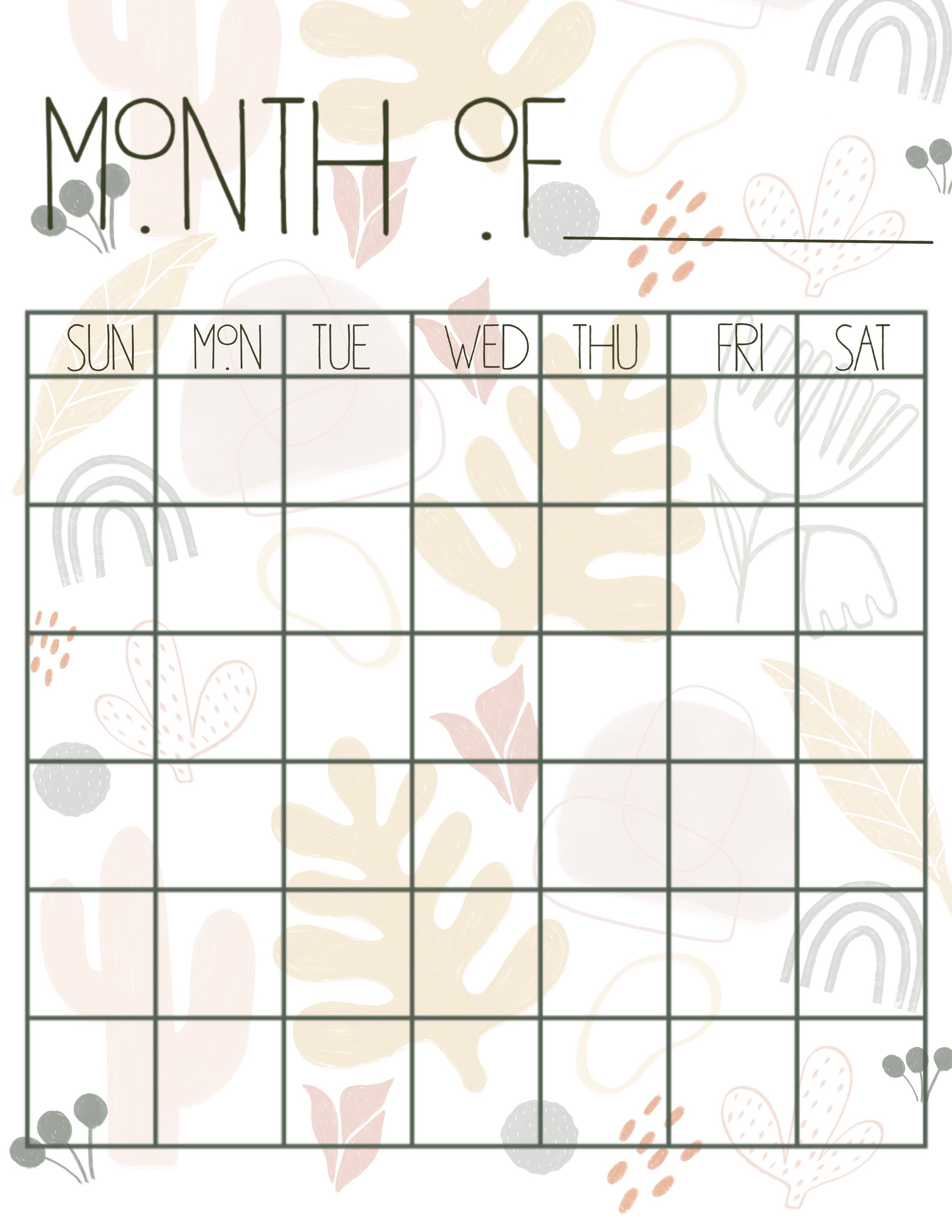 Month of Calendar, Calendar Download, Printable Calendar, Boho Design ...