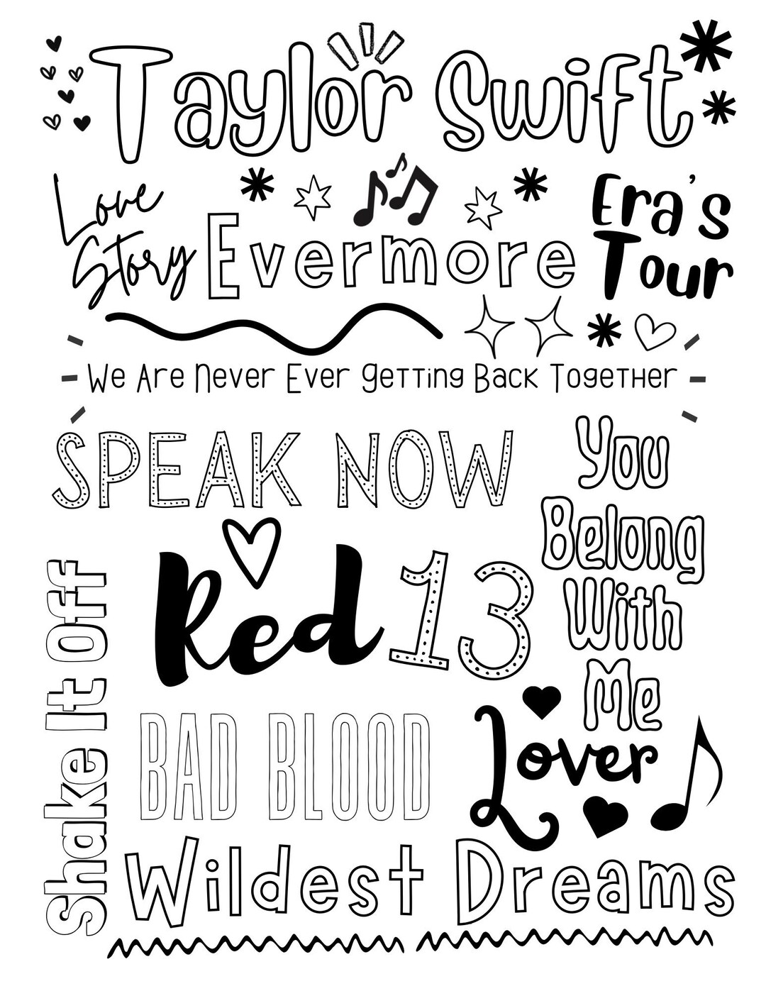 Taylor Swift Coloring Page,eras Tour Coloring Page,swiftie Album to ...