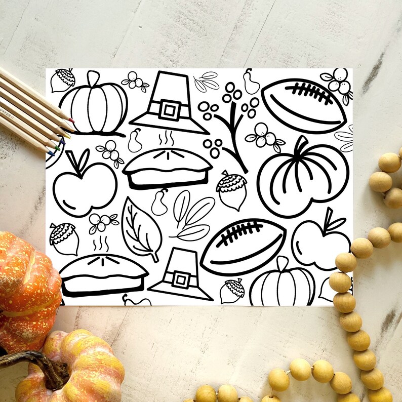 Fall Coloring Page: Pumpkins, Leaves, Pie (digital Download) - Etsy