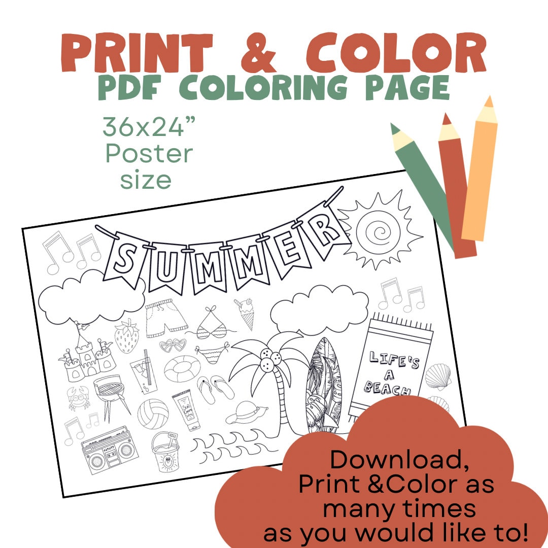 Summer Coloring Poster, Coloring Page for Kids,coloring for Adults ...