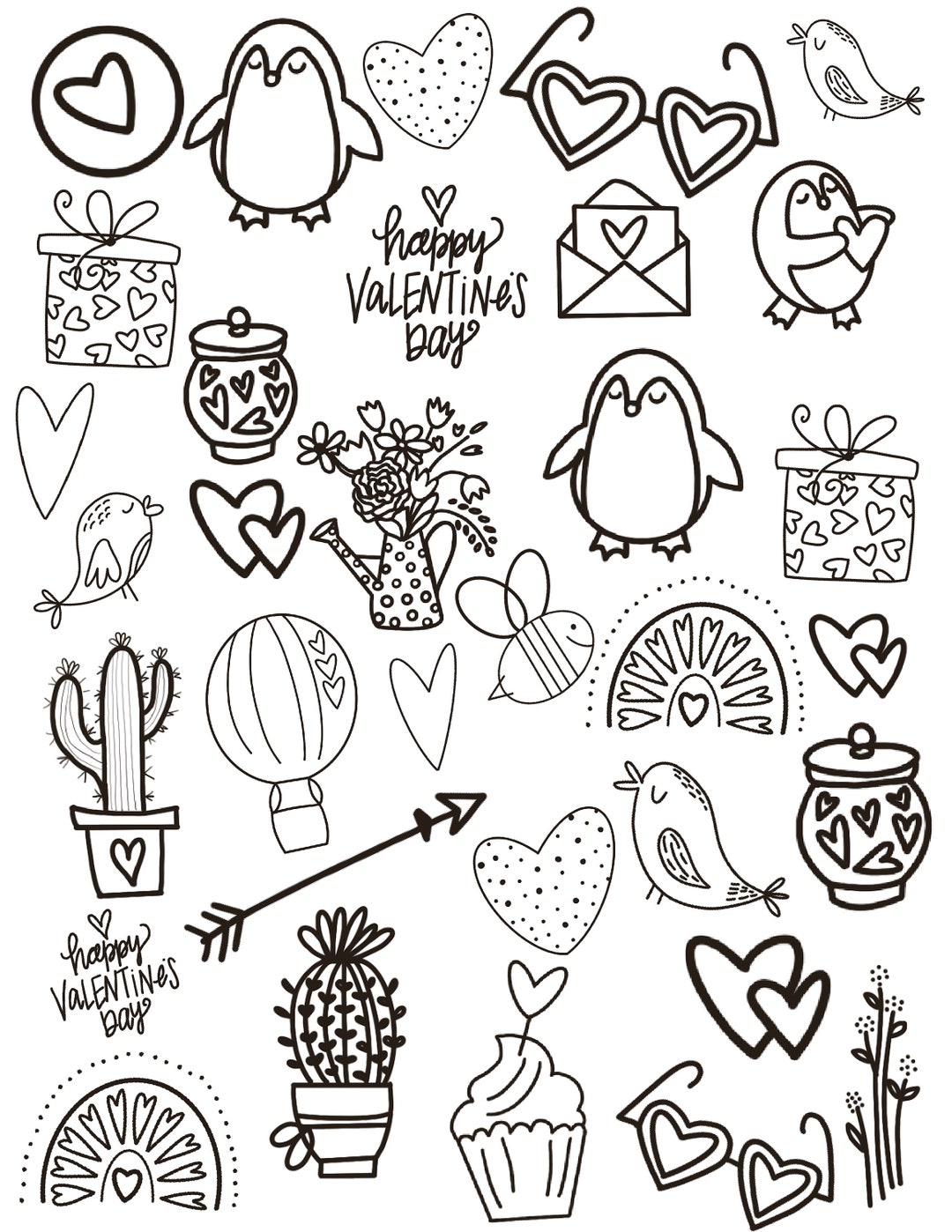 Valentine's Day Coloring Page: Cupcakes, Hearts, Penguins (digital ...