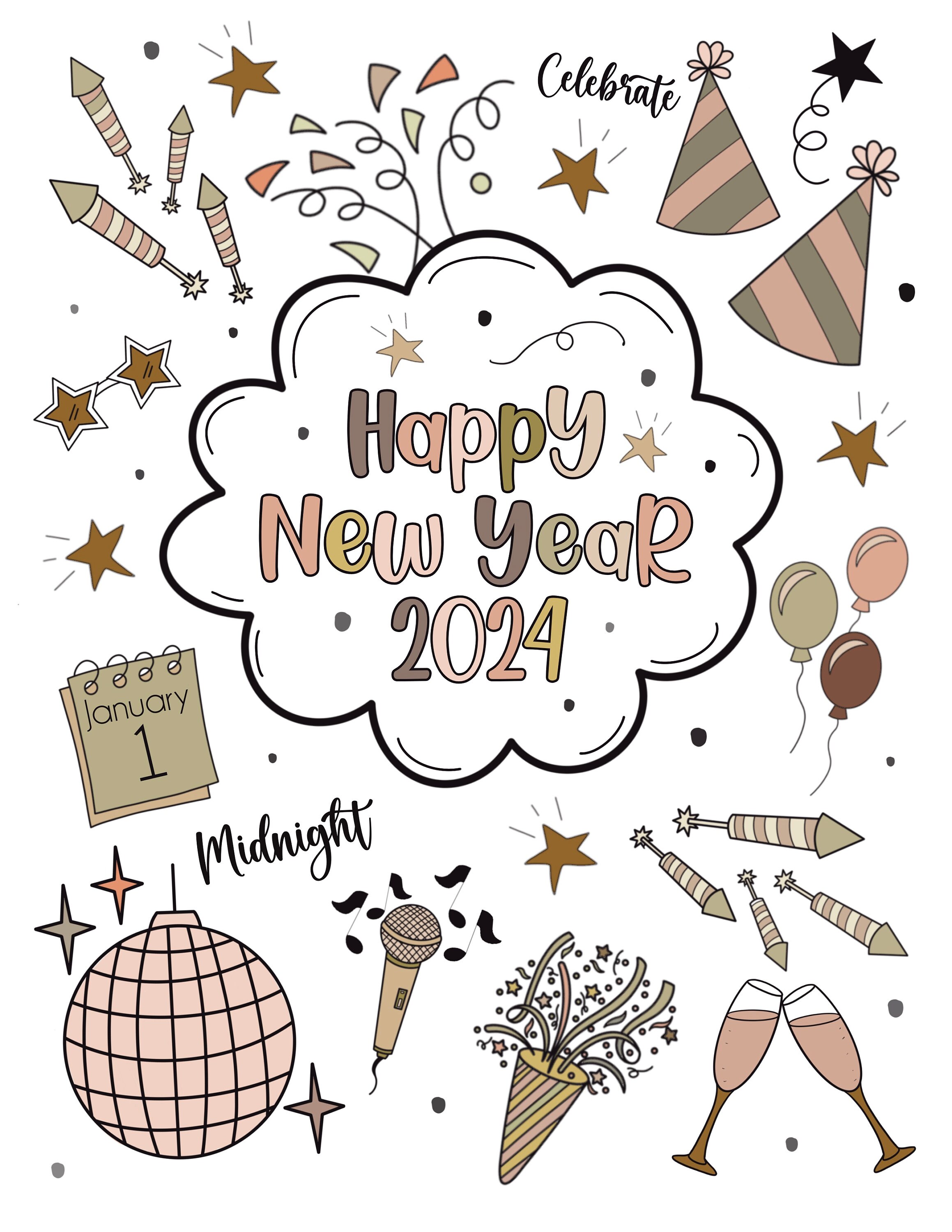 2024 New Years Eve Printable Coloring Page, Instant Download Coloring ...