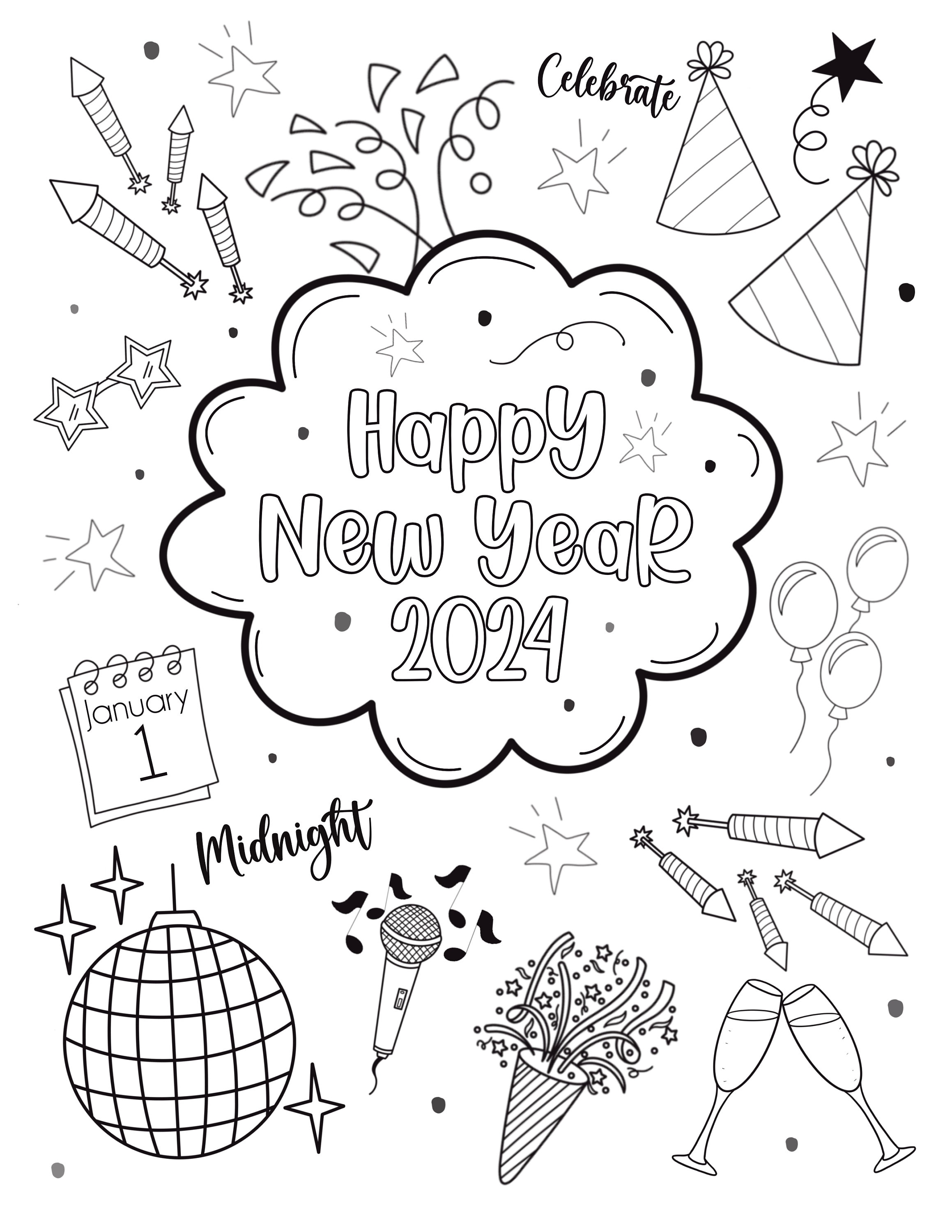 2024 New Years Eve Printable Coloring Page, Instant Download Coloring ...