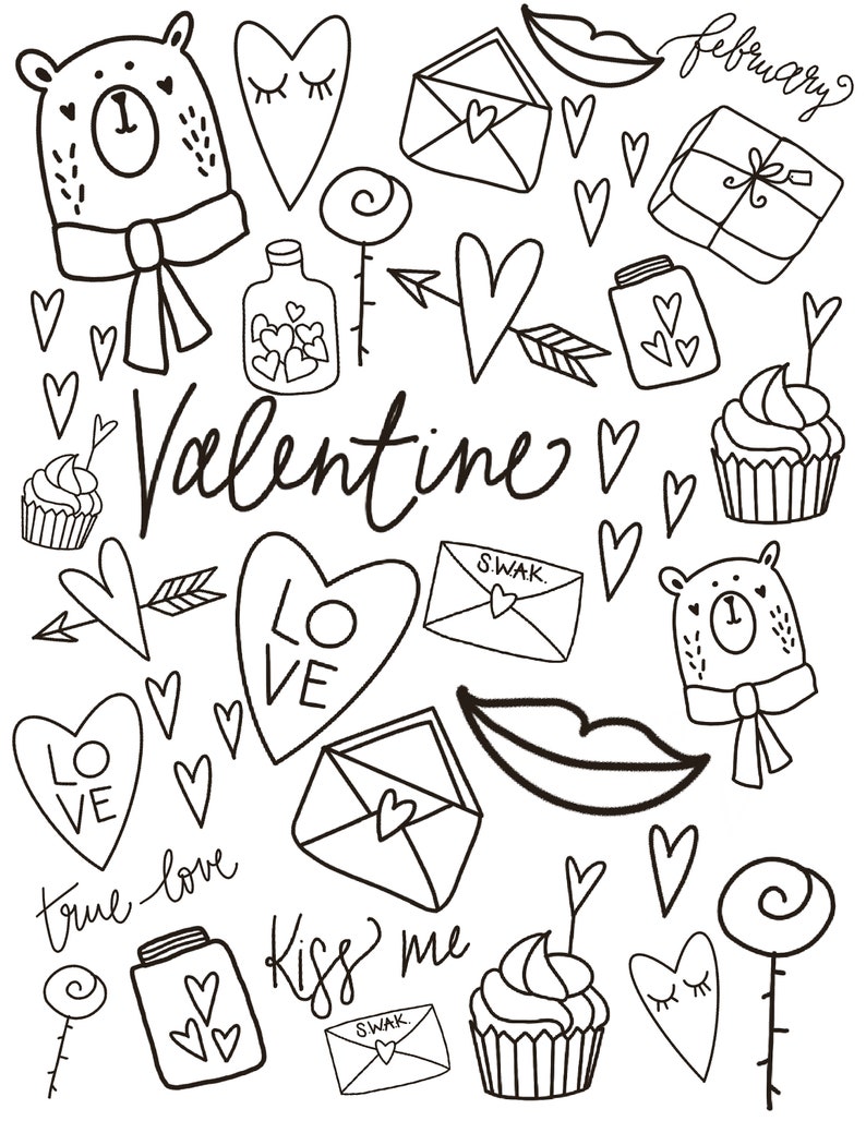 Valentines Coloring Bundle, Kids Coloring Pages, Valentines Day Themed ...