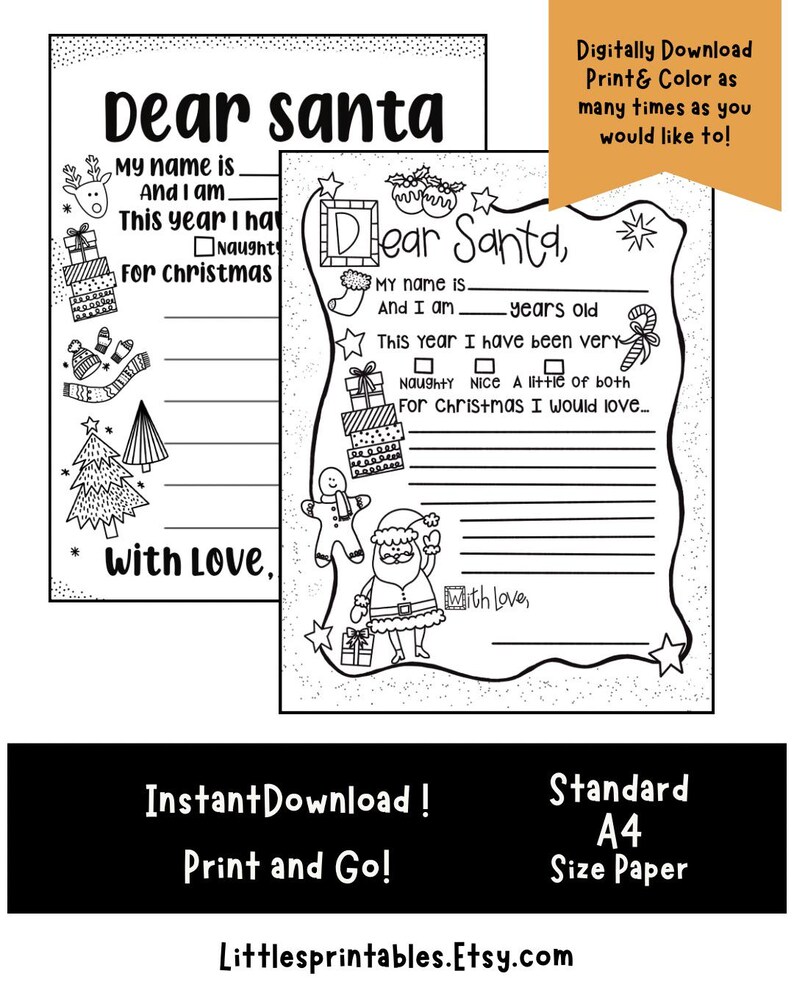 Dear Santa Letter: Christmas Kids Coloring Activity (digital Download ...