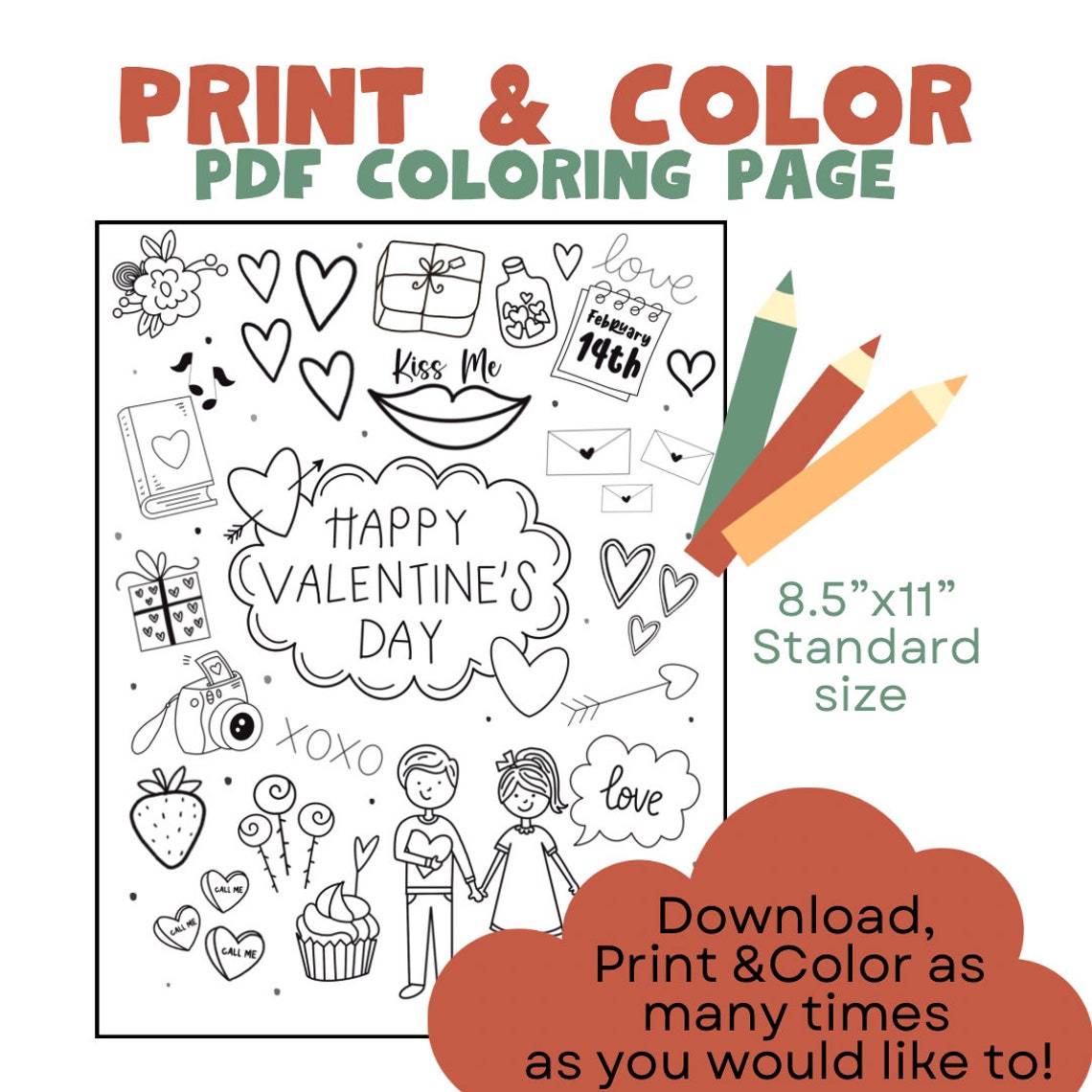 Valentines Day Coloring Page, Printable Valentine Themed Coloring Page ...
