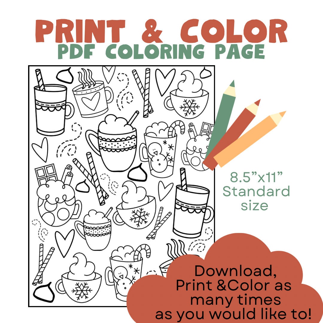Christmas Printable, Hot Chocolate Cups, Cocoa Coloring Page, Hot ...