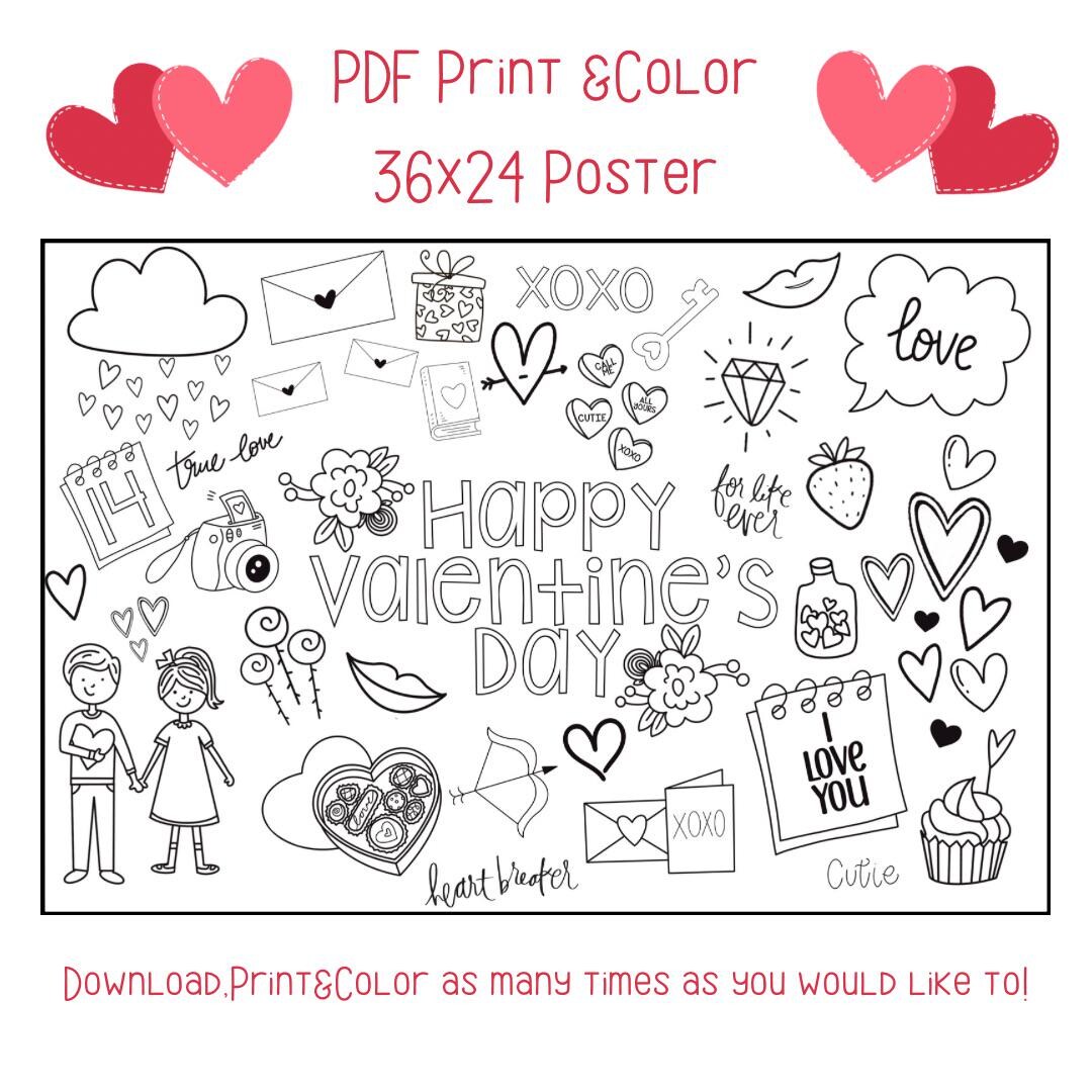 Valentine's Day Coloring Poster: Kids' Activity, Heart Design (PDF ...