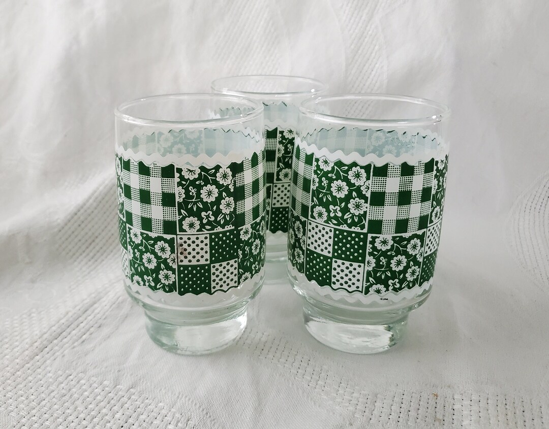 VINTAGE Libbey Drinking Glasses, Green Gingham, Ric Rac and Flowers ...