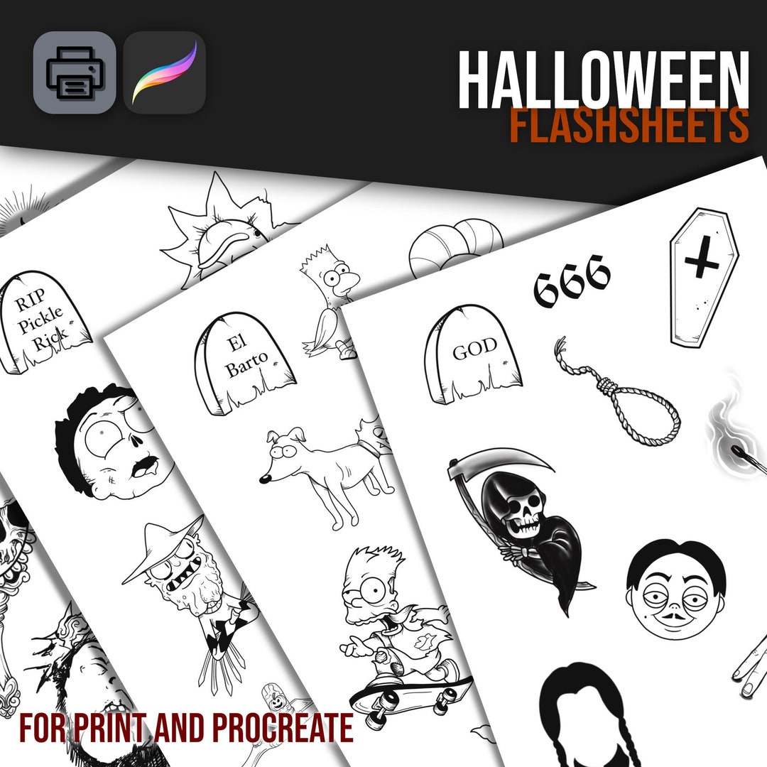 Halloween Flash Tattoo Sheets as Pngs,pdfs and Procreate-files - Etsy