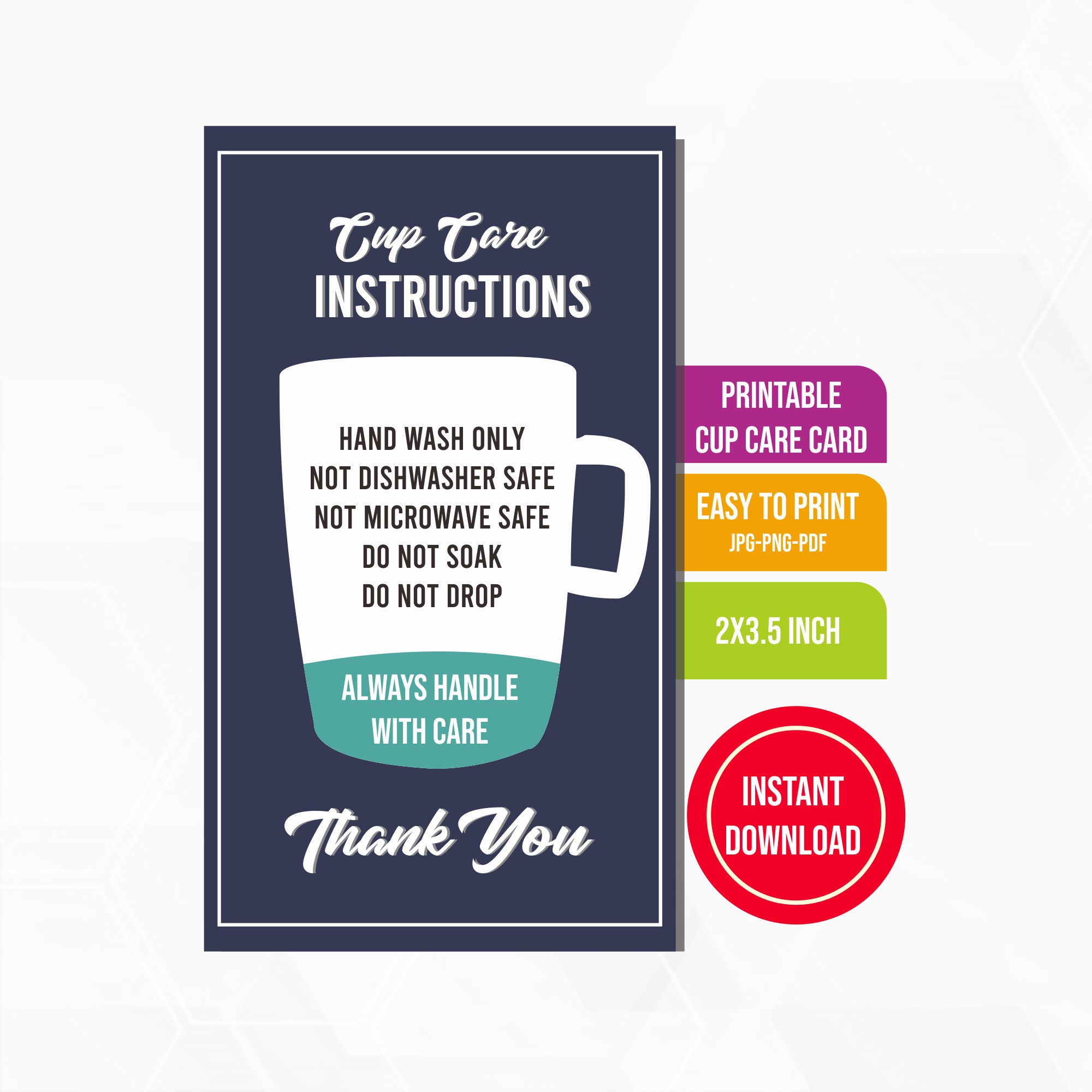 PRINTABLE Cup Care Instructions Card, Small Business Supplies, Washing ...