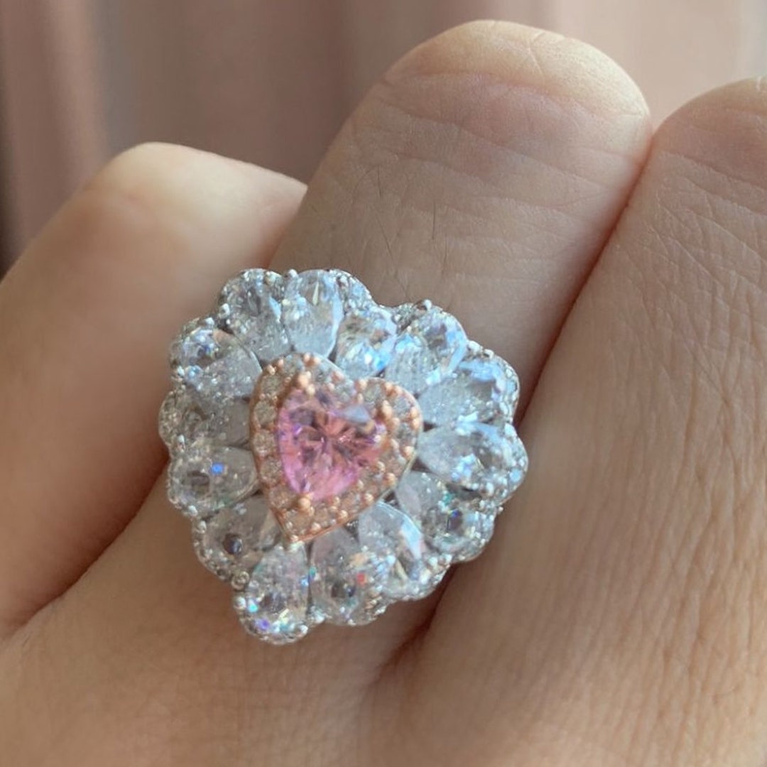 Stunning High Quality Imitation Pink Diamond Ring, 18K White Gold ...