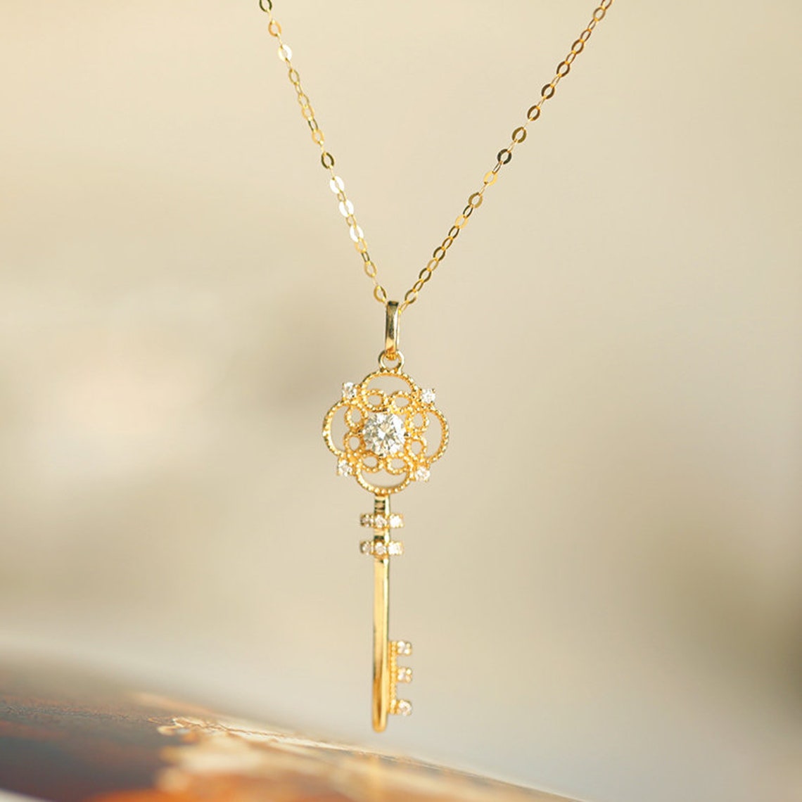 Gold Key Pendant Genuine 18K Yellow Gold Natural Diamond Key | Etsy