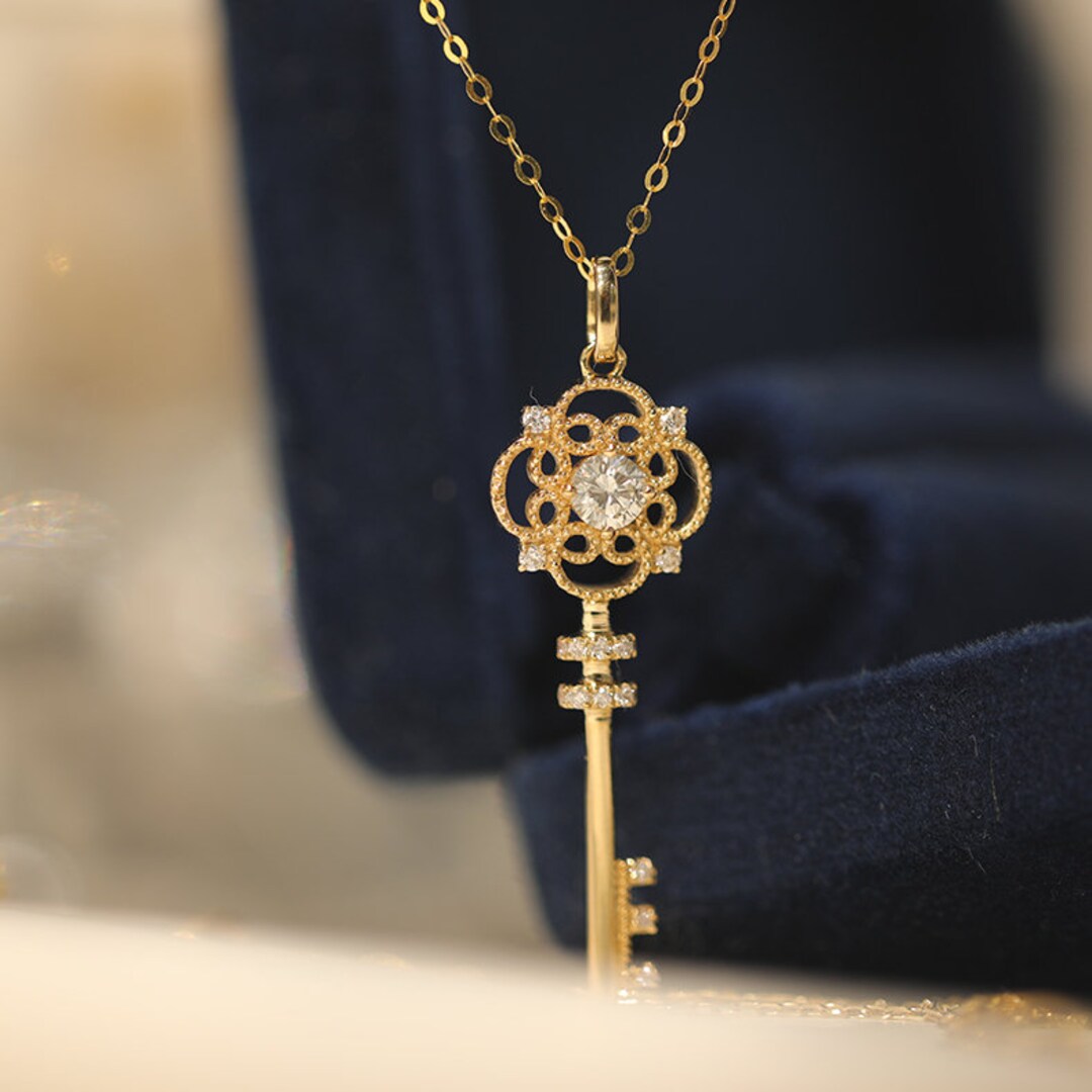 Gold Key Pendant Genuine 18K Yellow Gold Natural Diamond Key - Etsy