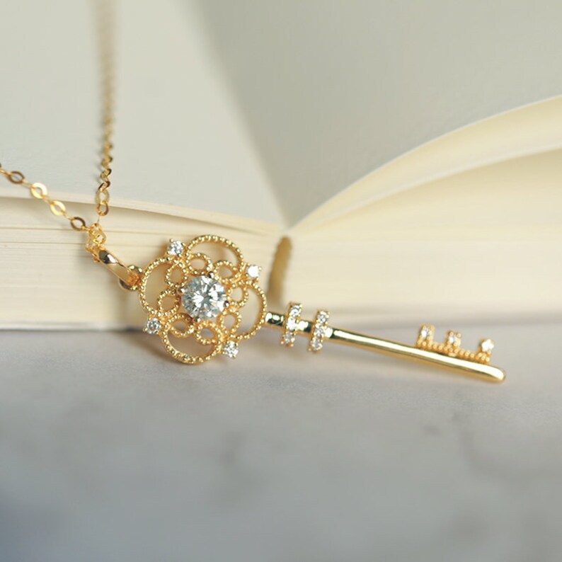 Gold Key Pendant Genuine 18K Yellow Gold Natural Diamond Key - Etsy