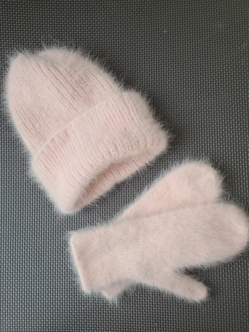 Knitted Angora Mittens for Man or Woman Unisex. Knitted Pink Fingerless ...