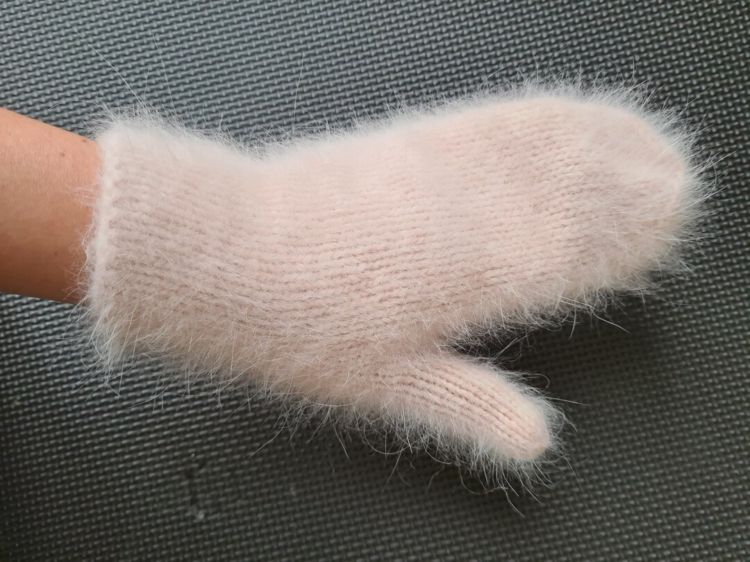 Knitted Angora Mittens for Man or Woman Unisex. Knitted Pink Fingerless ...