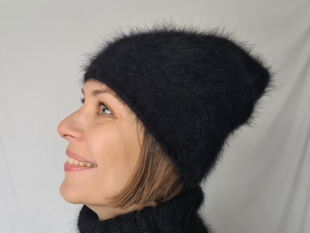 Knitted Black Warm Angora Hat Fluffy and Warm Beanie for Women Gift ...