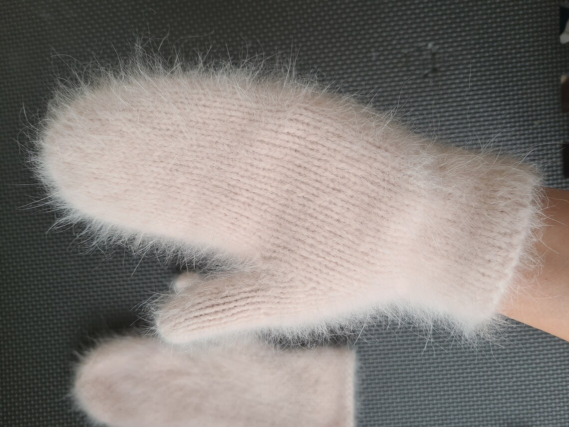 Knitted Angora Mittens for Man or Woman Unisex. Knitted Pink Fingerless ...