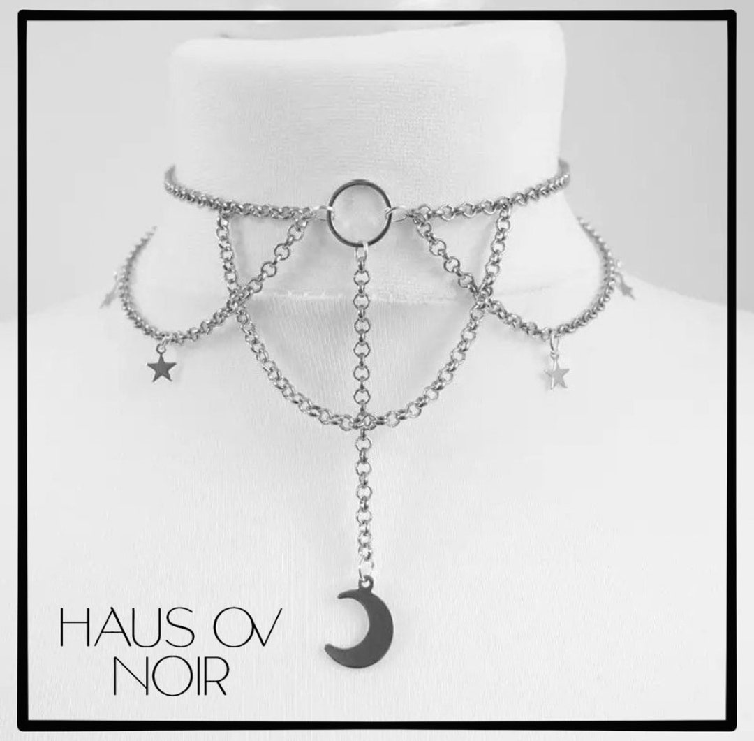 Crescent Moon Necklace, Gothic Choker, Moon Collar, Chain Necklace ...