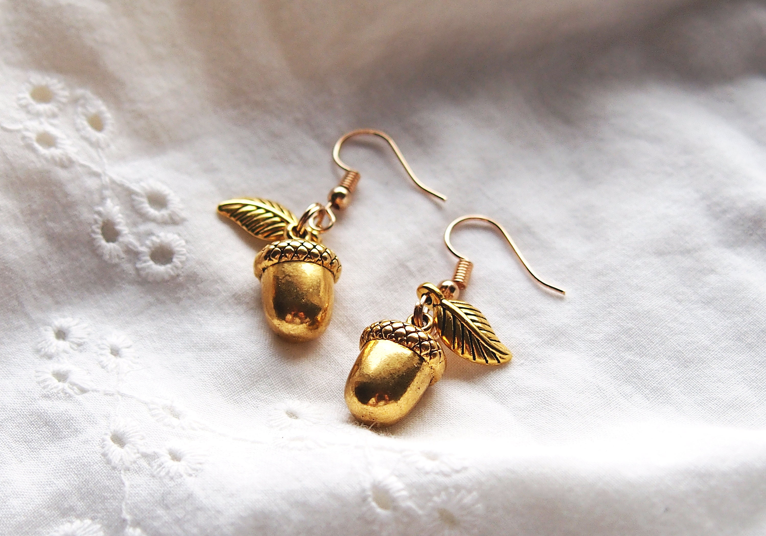 Acorn Earrings With Tiny Leaf, Acorn Pearl Earrings, Peter Pan Jewelry ...