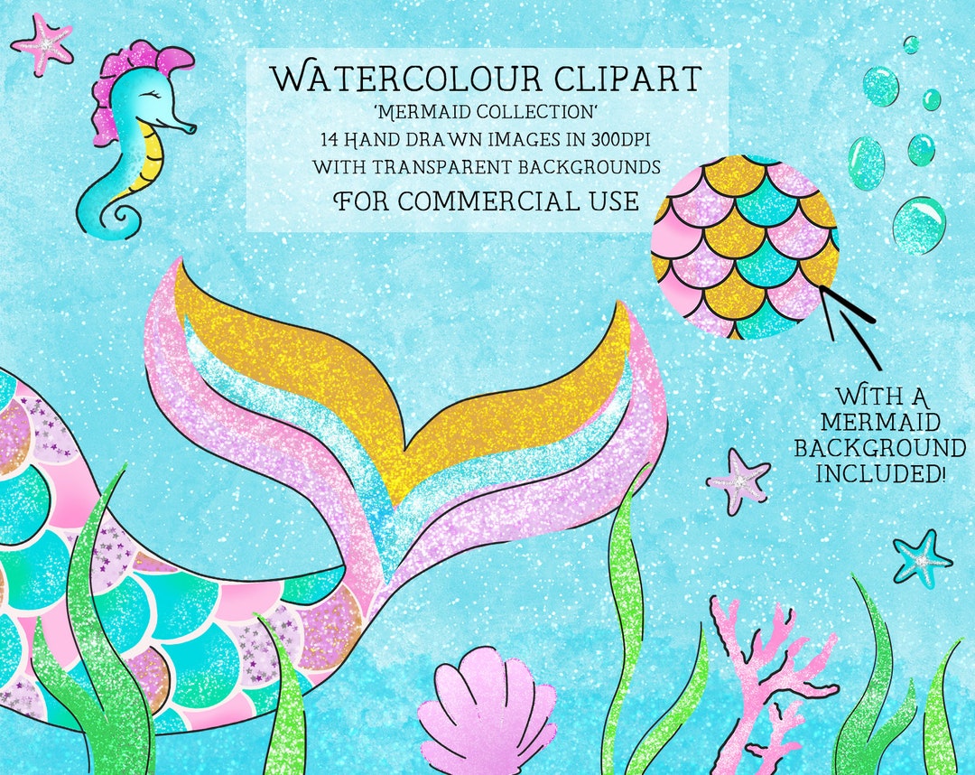 Watercolor Mermaid Tail Clipart, Pastel Baby Girl Birthday Party Png ...