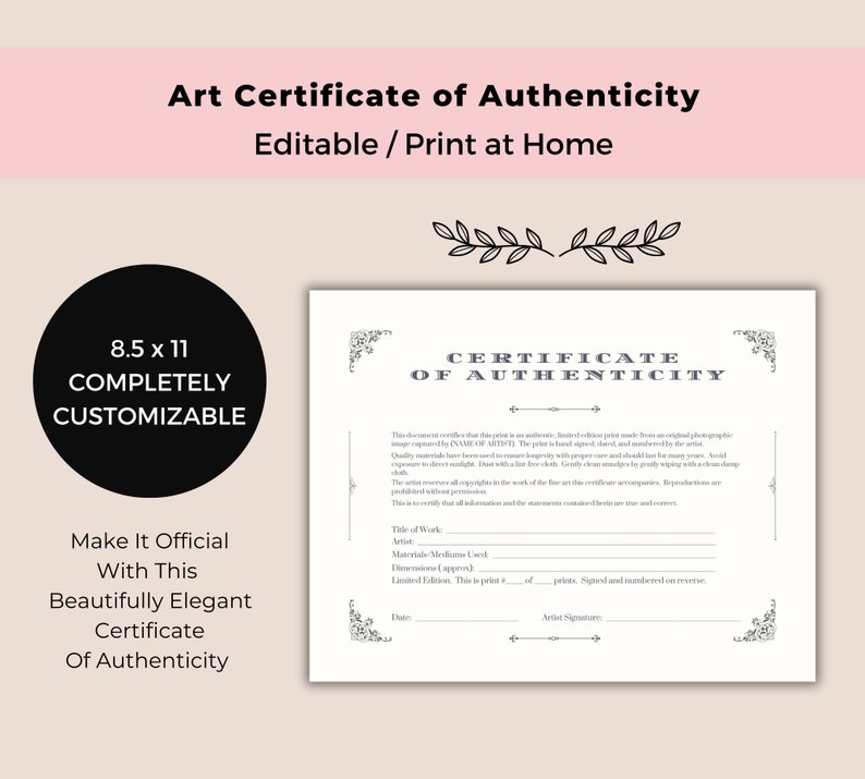 Artwork Certificate of Authenticity, Art Certificate, Original Art ...