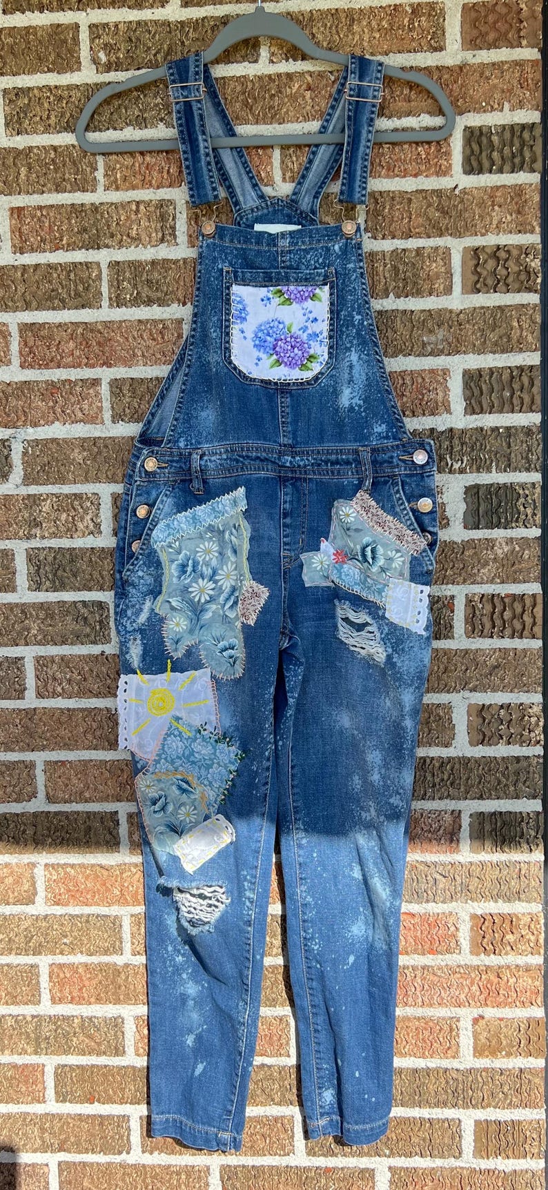 Forever 21 US 26 Hand Embroidered / Bleached/ Patchwork Overalls - Etsy