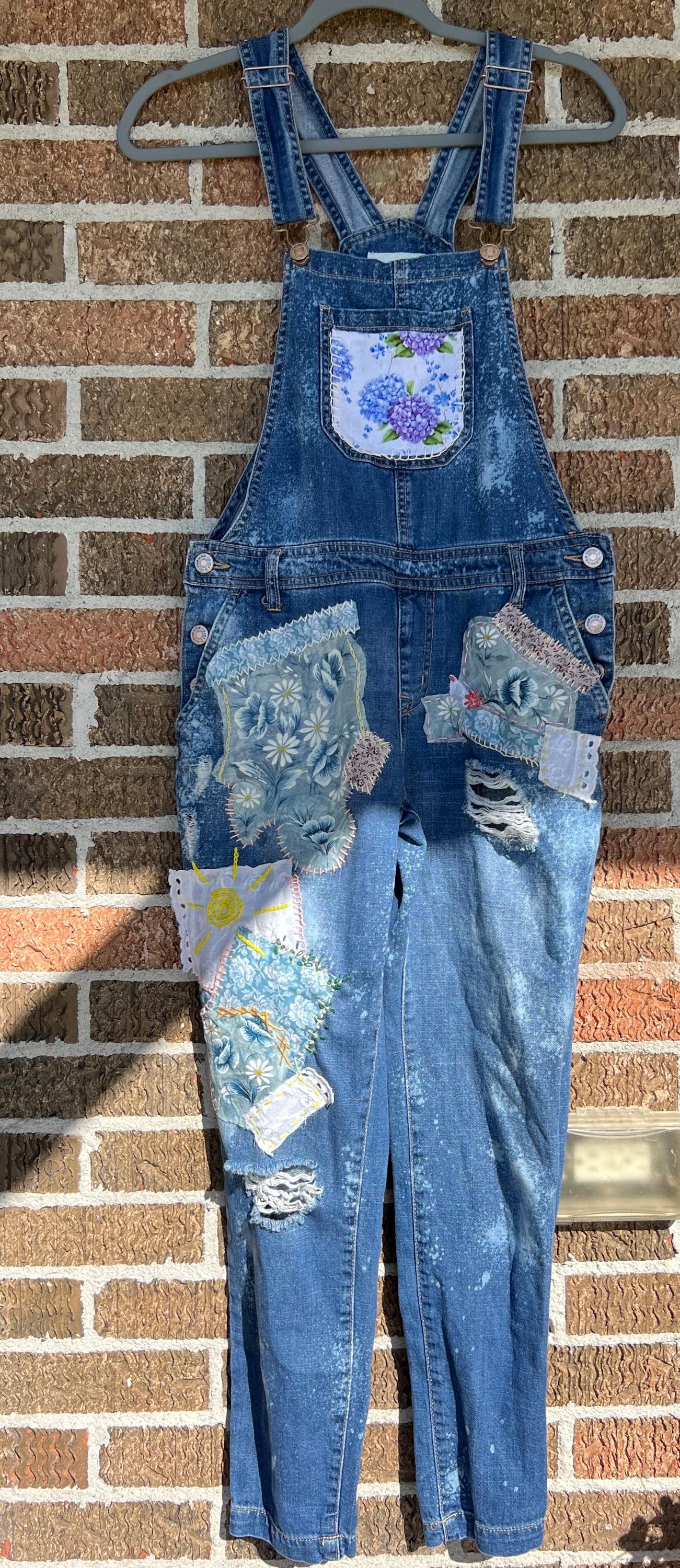 Forever 21 US 26 Hand Embroidered / Bleached/ Patchwork Overalls - Etsy